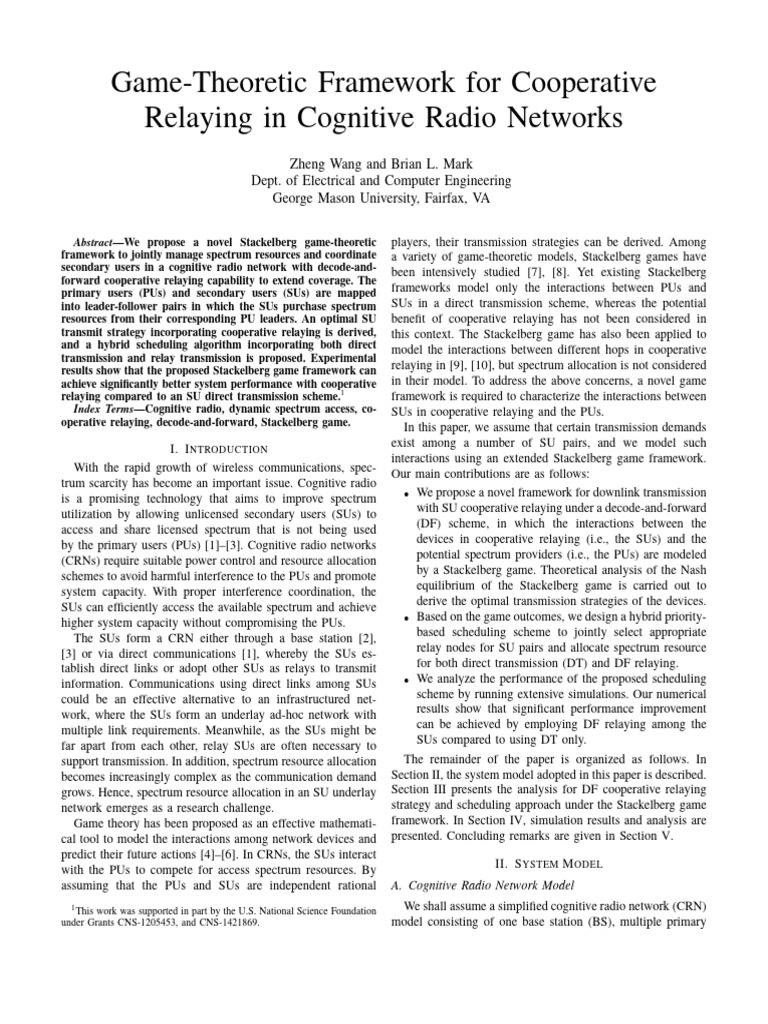 Game Theoretic Framework For Cooperative Relaying In Cognitive Radio Networks Pdf