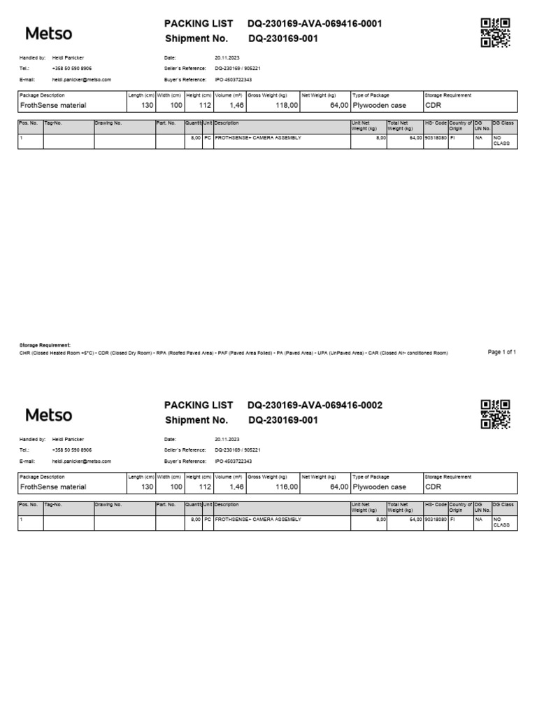 DQ-230169-001 - Packing List | PDF