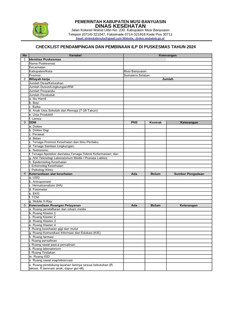 Checklist Pendampingan ILP Puskesmas Kab Muba Tahun 2024 | PDF