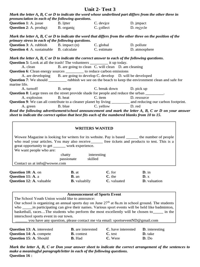 Grade 10 Unit 2 - Test 3 | PDF