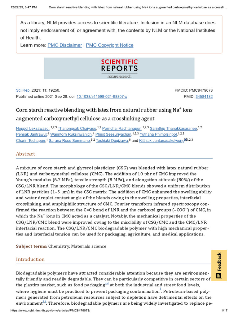 Corn Starch Reactive Blending With Latex From Natural Rubber Using Na+ ...