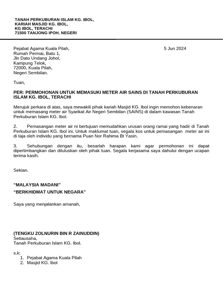 Surat Permohonan Meter Air Tanah Perkuburan Masjid KG Ibol | PDF