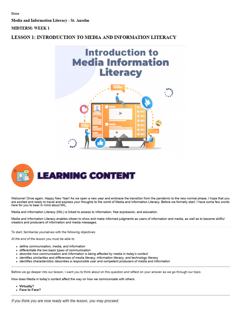 Lesson 1: Introduction To Media and Information Literacy: Midterm: Week 1 | PDF