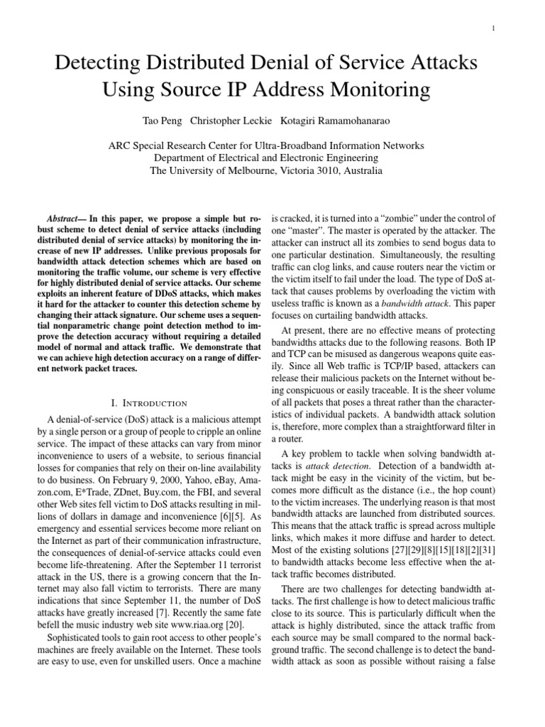Detecting Distributed Denial Of Service Attacks Using Source Ip Address Monitoring Pdf