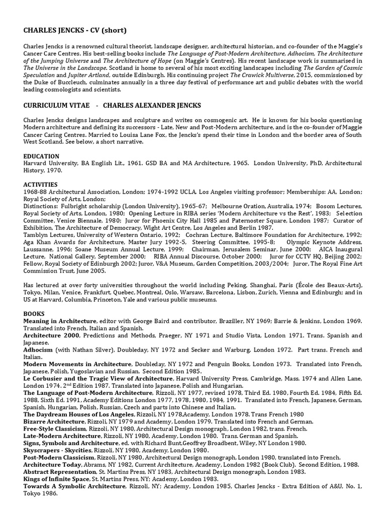 Charles Jencks 2016 CV and Narrative | PDF
