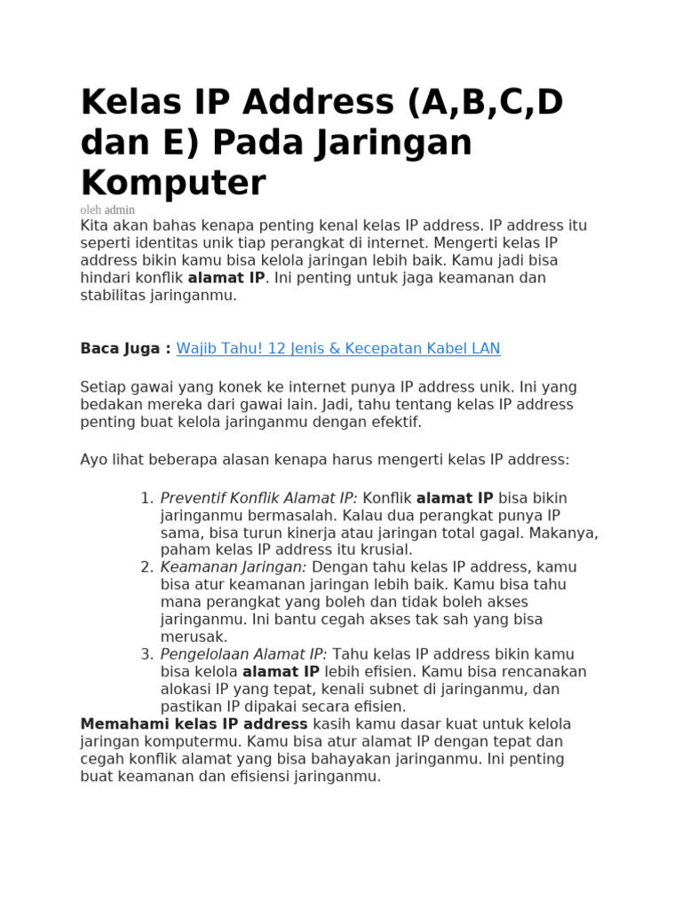 Kelas IP Address | PDF | Internet Protocols | Ip Address