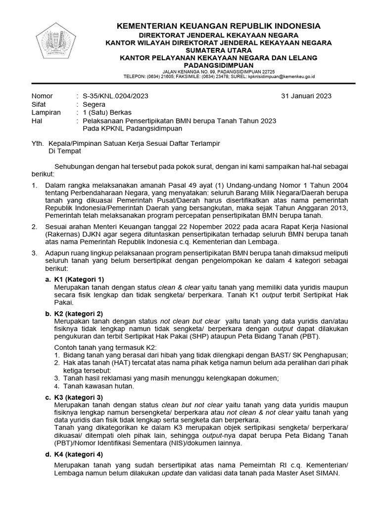 S-35.KNL.0204.2023 Hal Pelaksanaan Pensertipikatan BMN Berupa Tanah Tahun 2023 Pada KPKNL ...