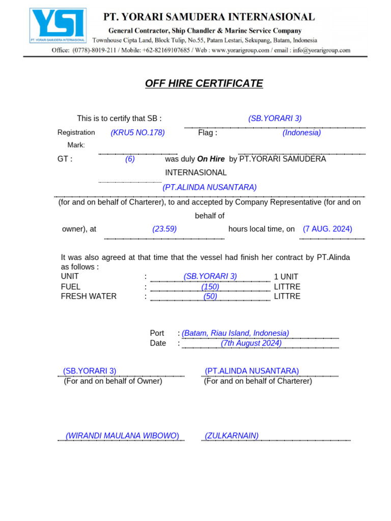 Off-Hire-Certificate SB - Yorari 3 | PDF