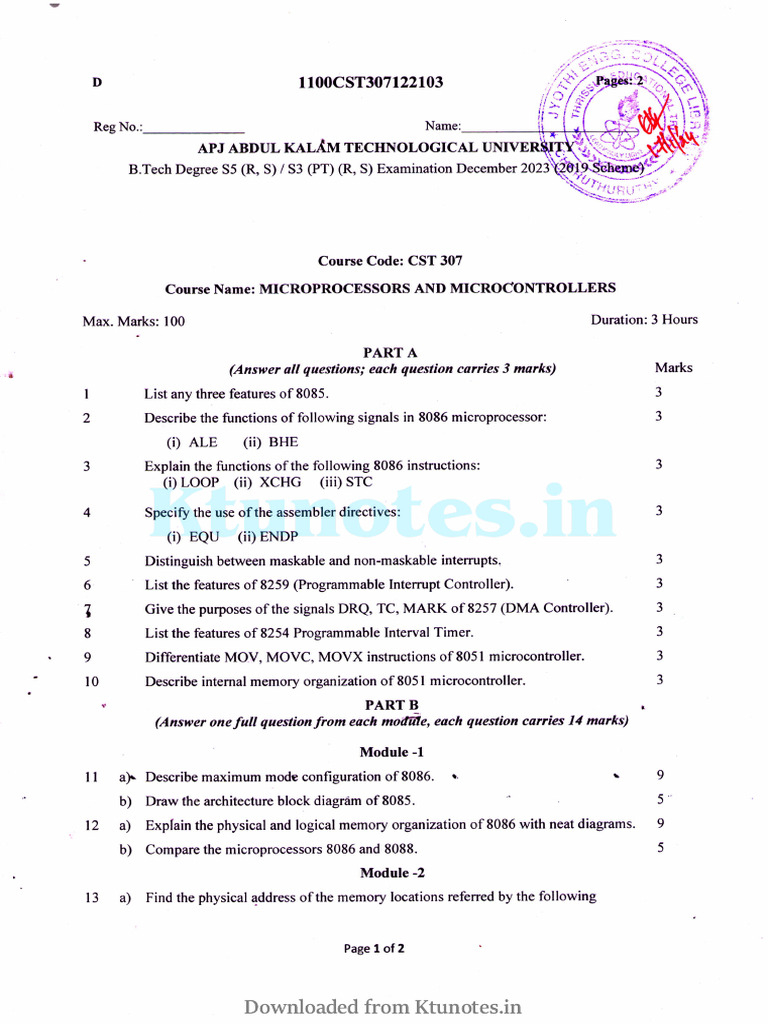 CST307 Microprocessors and Microcontrollers, December 2023 | PDF