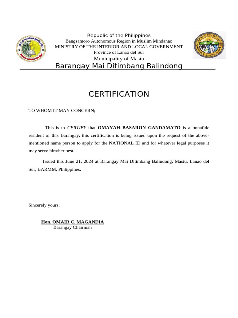 Certification: Barangay Mai Ditimbang Balindong | PDF