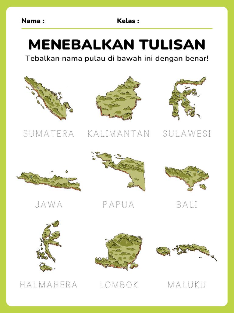 Menebalkan Tulisan Nama Pulau Lembar Kerja Hijau Ilustrasi | PDF