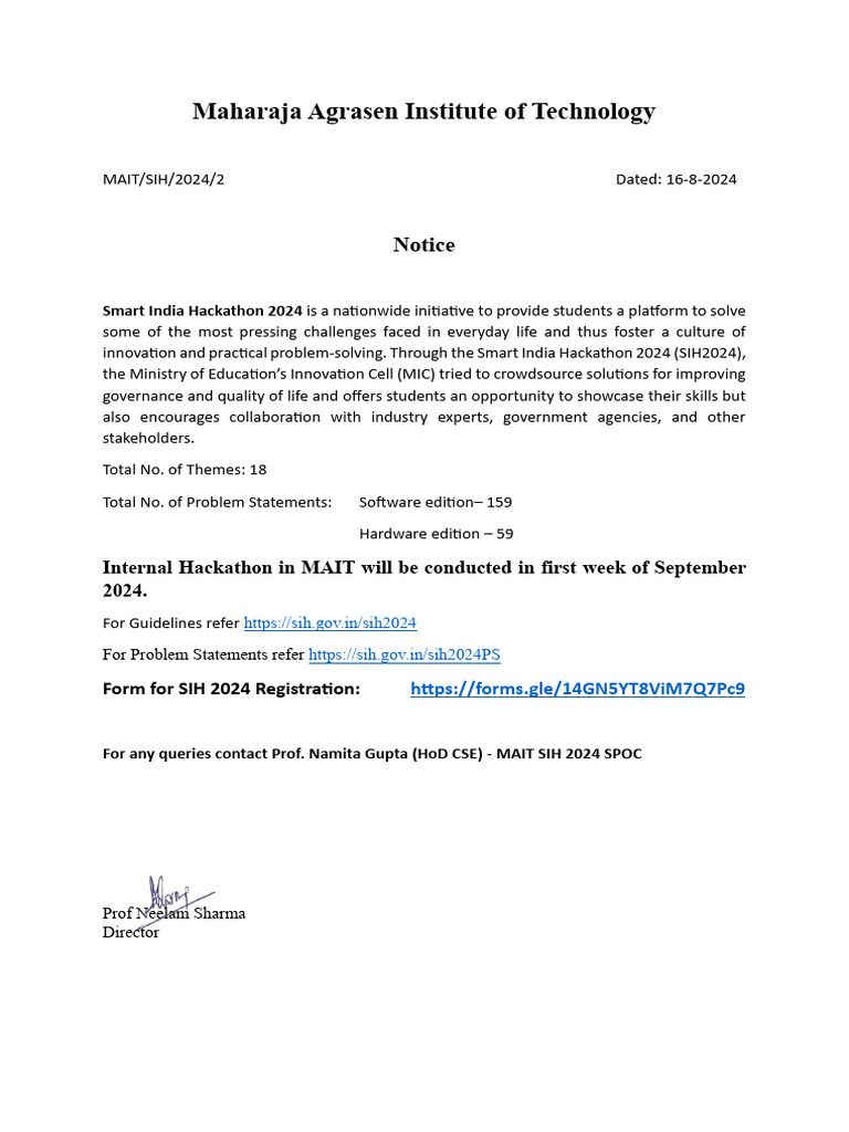 SIH 2024 Notice | PDF