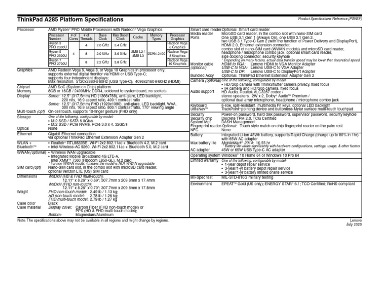 ThinkPad A285 Spec | PDF