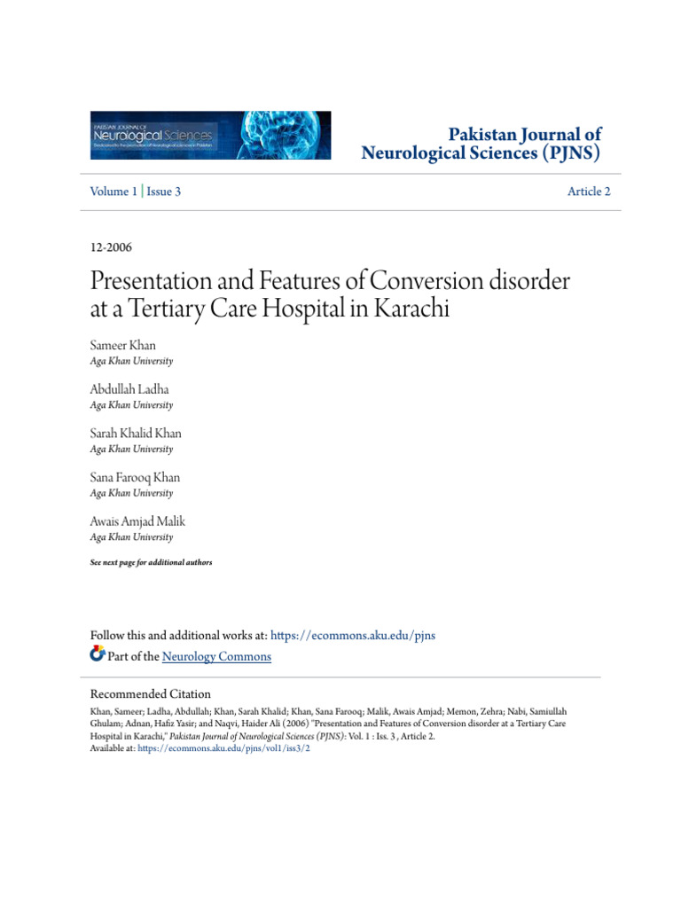 Presentation and Features of Conversion Disorder at A Tertiary CA | PDF
