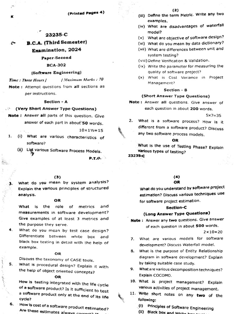 Bca 3 Sem Software Engineering 23235 C 2024 | PDF