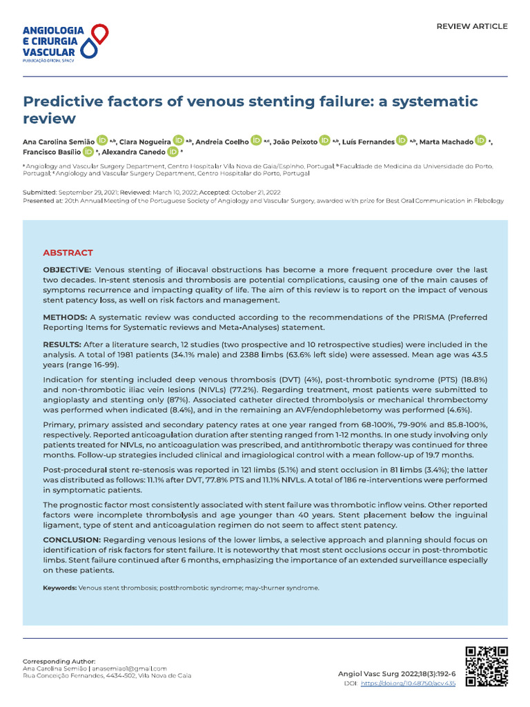 Predictive Factors of Venous Stenting Failure A Sy | PDF