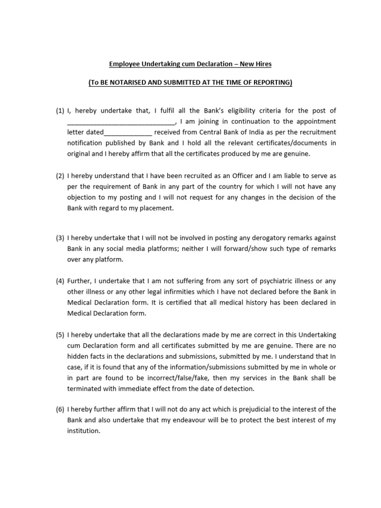 01 Employee Undertaking Cum Declaration - New Hires - Notarised | PDF