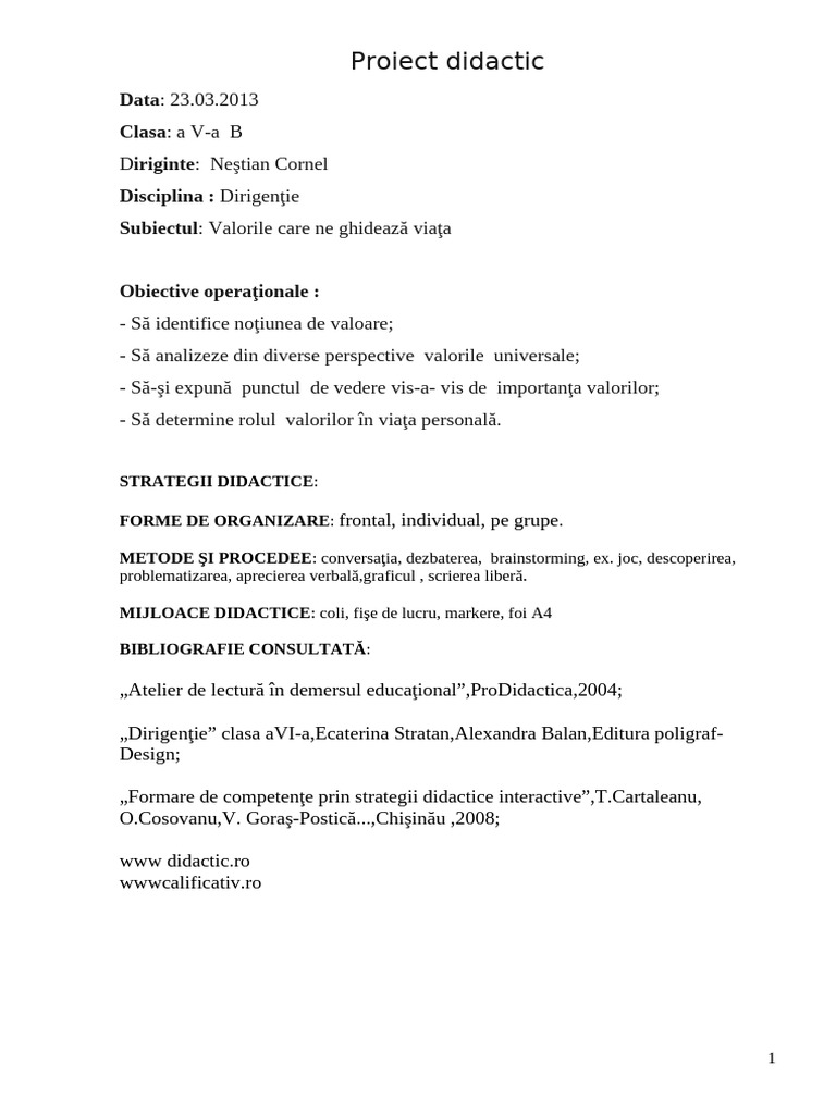 Valorile Umane Proiect Didactic | PDF