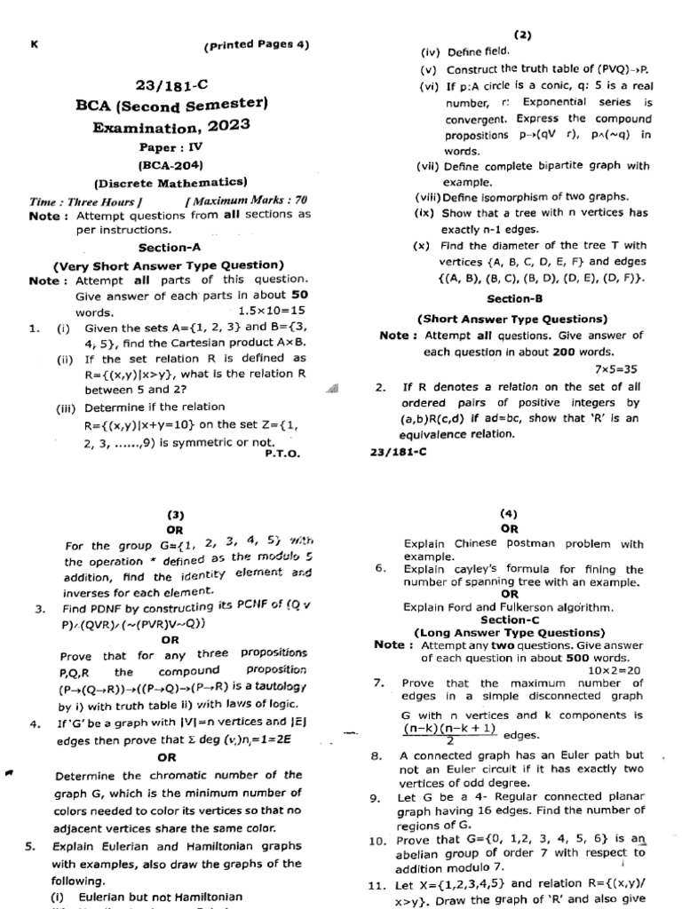 Bca 2 Sem Discrete Mathematics 23 181 C 2023 | PDF