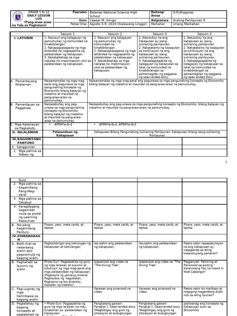 I. Layunin: Daily Lesson LOG (Pang-Araw-Araw Na Tala Sa Pagtuturo ...