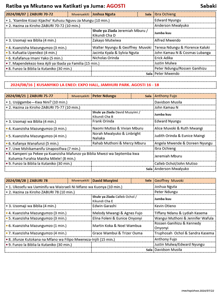 Sabaki Agosti 2024 Ratiba Ya Mkutano Wa Huduma Na Maisha | PDF