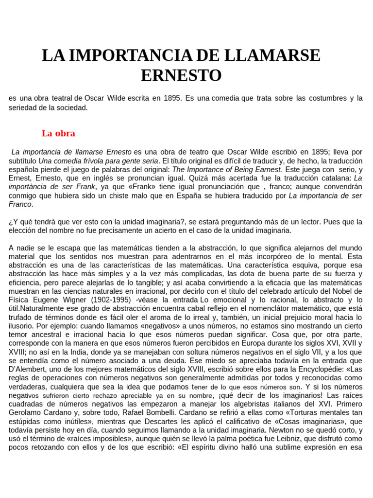 LA IMPORTANCIA DE LLAMARSE ERNESTO Camila SD | PDF