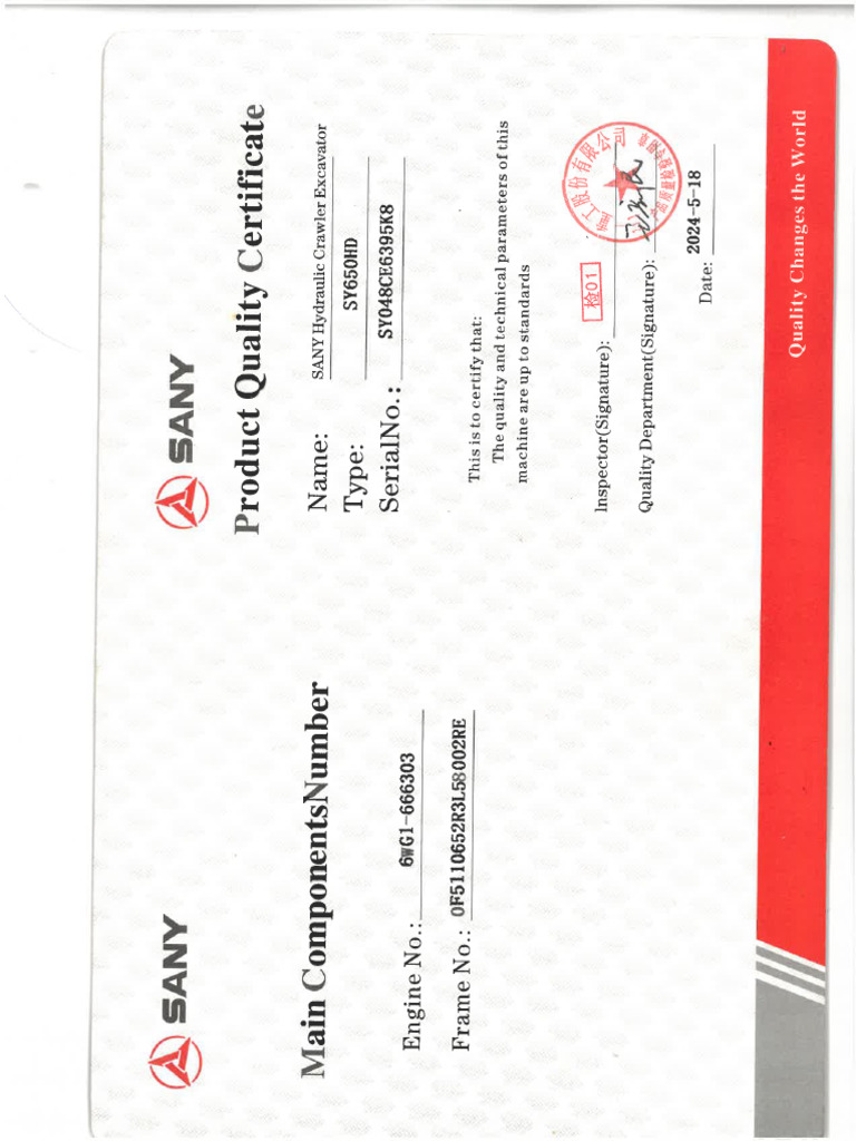 Sany Fty Cert | PDF