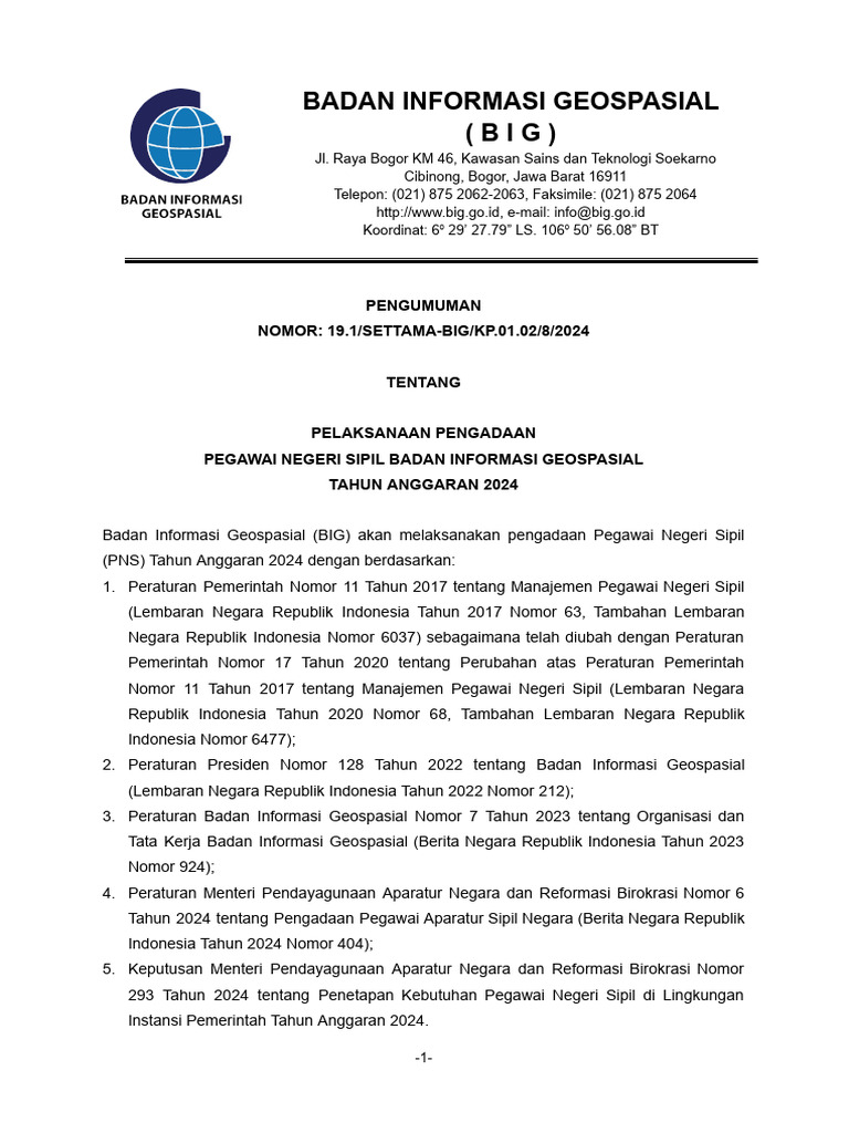 Pengumuman Pelaksanaan Pengadaan PNS BIG TA 2024 | PDF