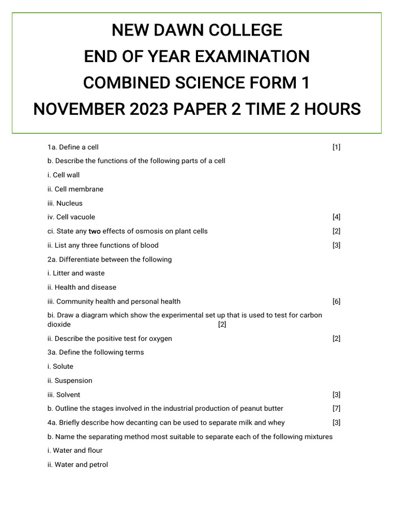 Form 1 Combined Science End of Year | PDF