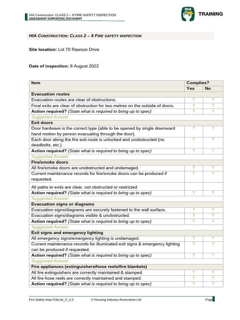 (ID5w) HIA Construction Fire Inspection Checklist For Class 2 9 ...