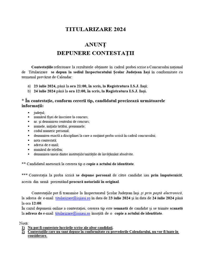 Anunt Contestatii Tit 2024 | PDF