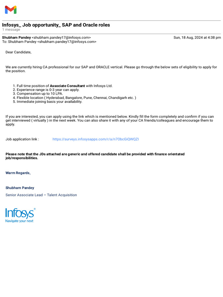 Gmail - Infosys - Job Opportunity - SAP and Oracle Roles | PDF