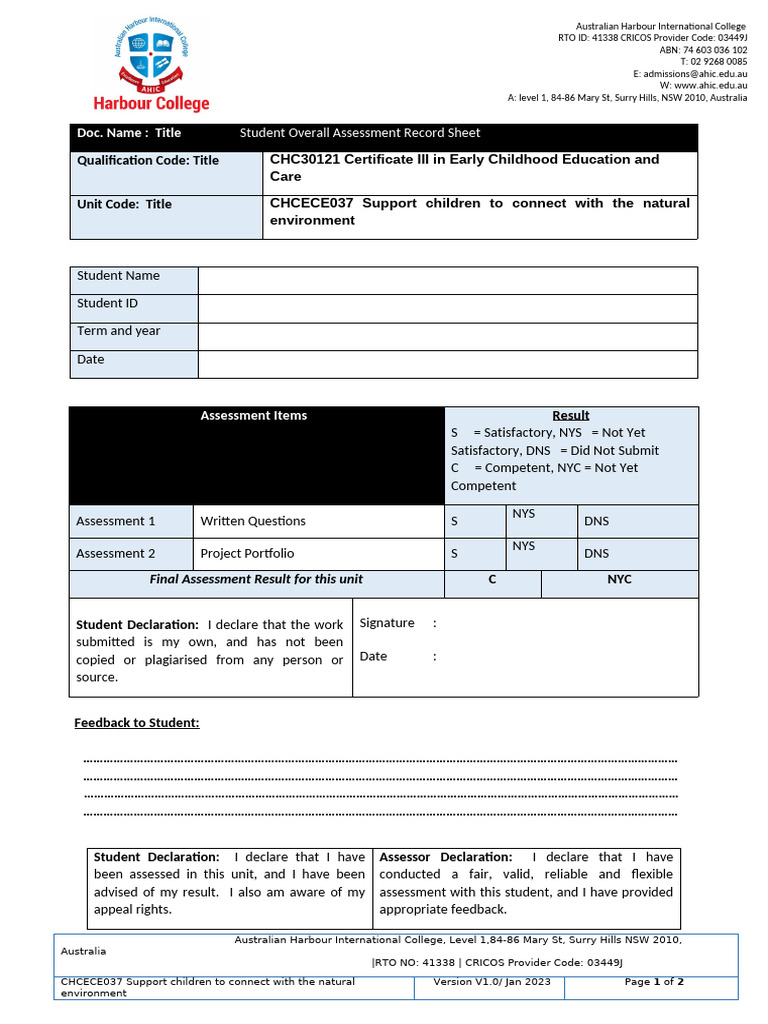 Student Overall Assessment Record Sheet CHCECE037 | PDF