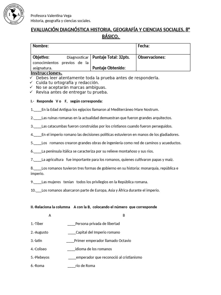 Evaluación Diagnóstica Historia 8° | PDF