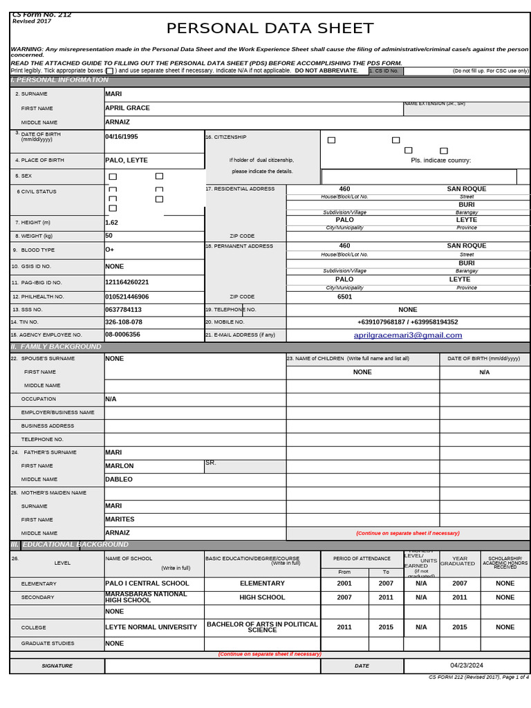 Personal Data Sheet CS Form No. 212 Revised 2017 | PDF | Justice ...
