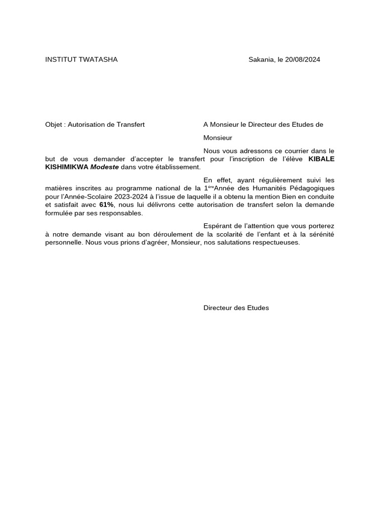 LETTRE DE TRANSFERT_105335 | PDF