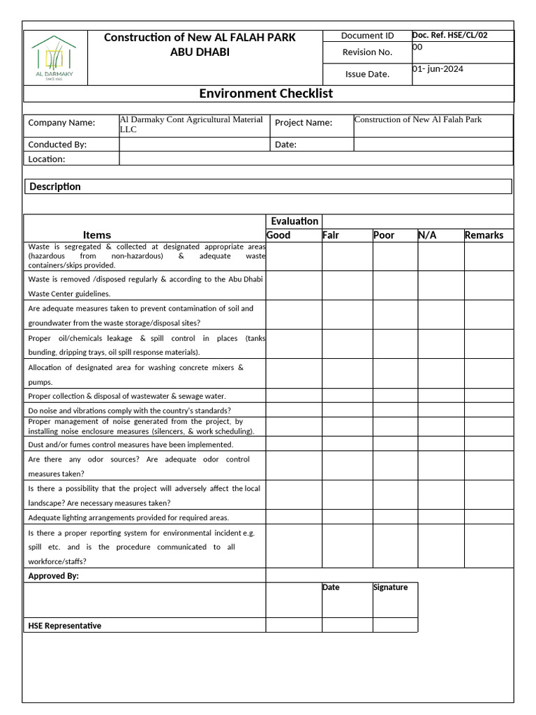 HSE-CL-02 Environment Checklist | PDF