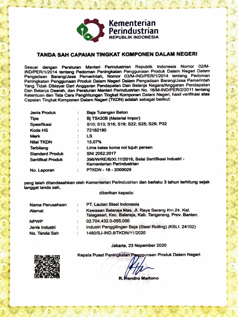 Sertifikat TKDN Besi dan Baja | PDF