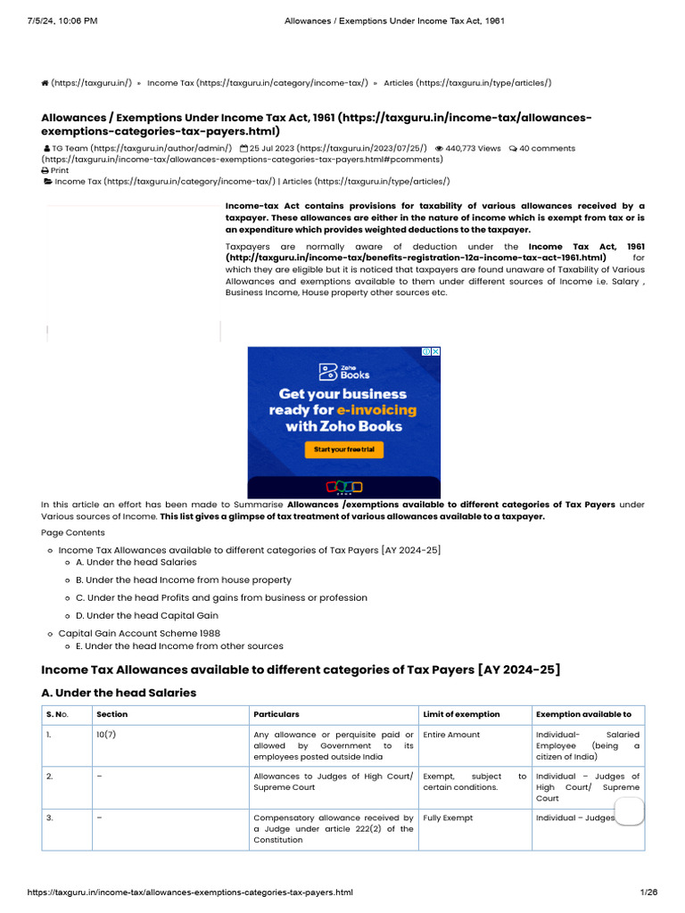 Allowances - Exemptions Under Income Tax Act, 1961 | PDF