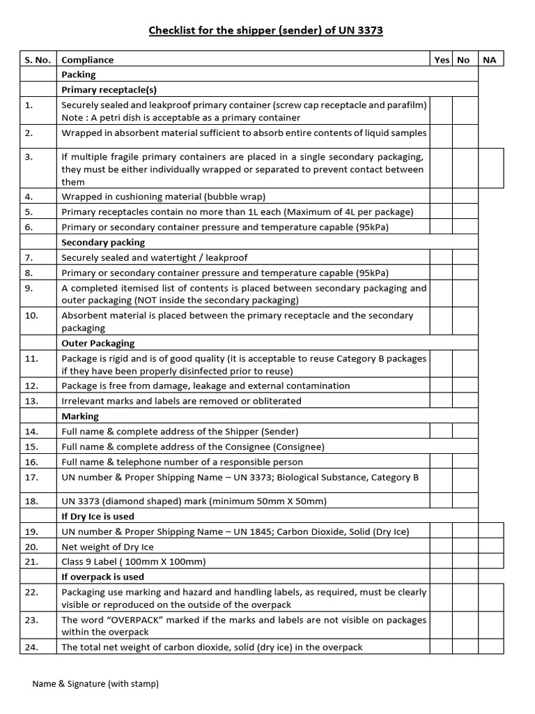 UN 3373 PACKING CHECKLIST (1) | PDF