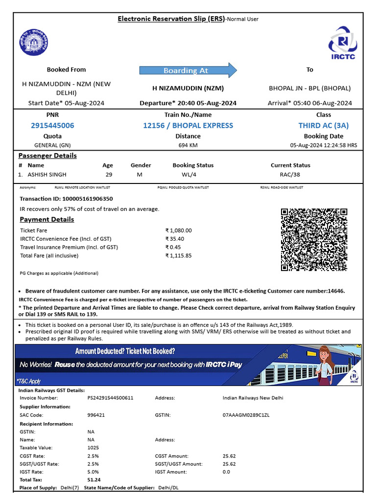 Ashish Train Ticket 5TH August | PDF