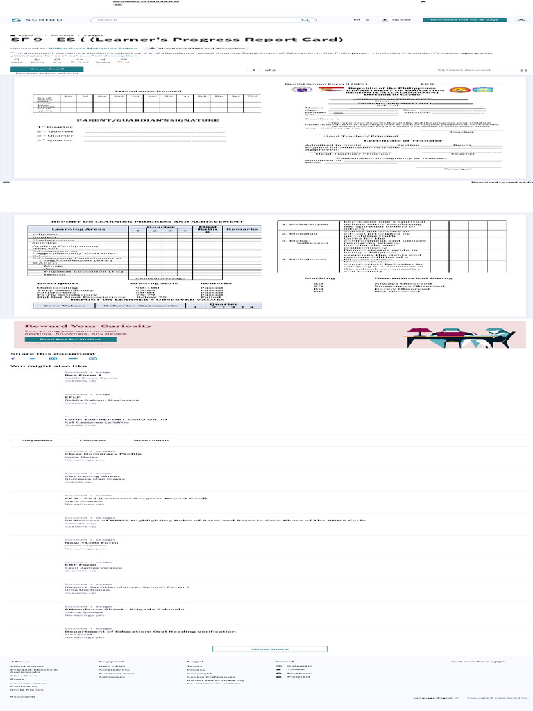 SF 9 - ES ( (Learner's Progress Report Card) - PDF - Behavior Modification - Learning | PDF
