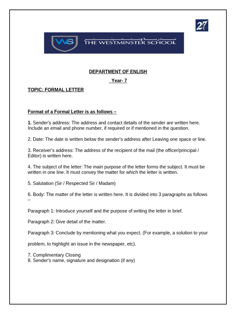 WS - Yr7 - Formal Letter | PDF