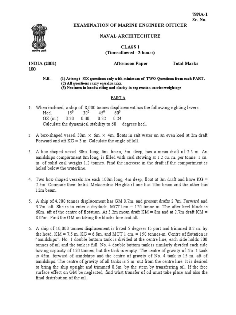 Marine Engineering Officer Exam 2001 | PDF | Ships | Watercraft