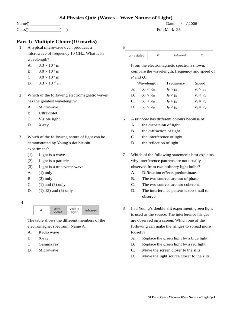 05-06 S4 Form Quiz Waves - Wave Nature of Light - Eng | PDF