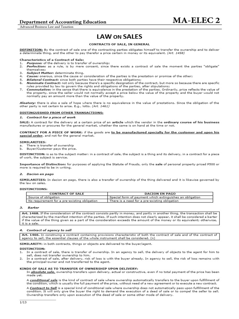 MA ELEC 2 Handout 1.0 Law On Sales | PDF