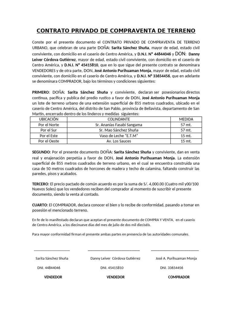 Contrato Privado de Compraventa de Terreno | PDF