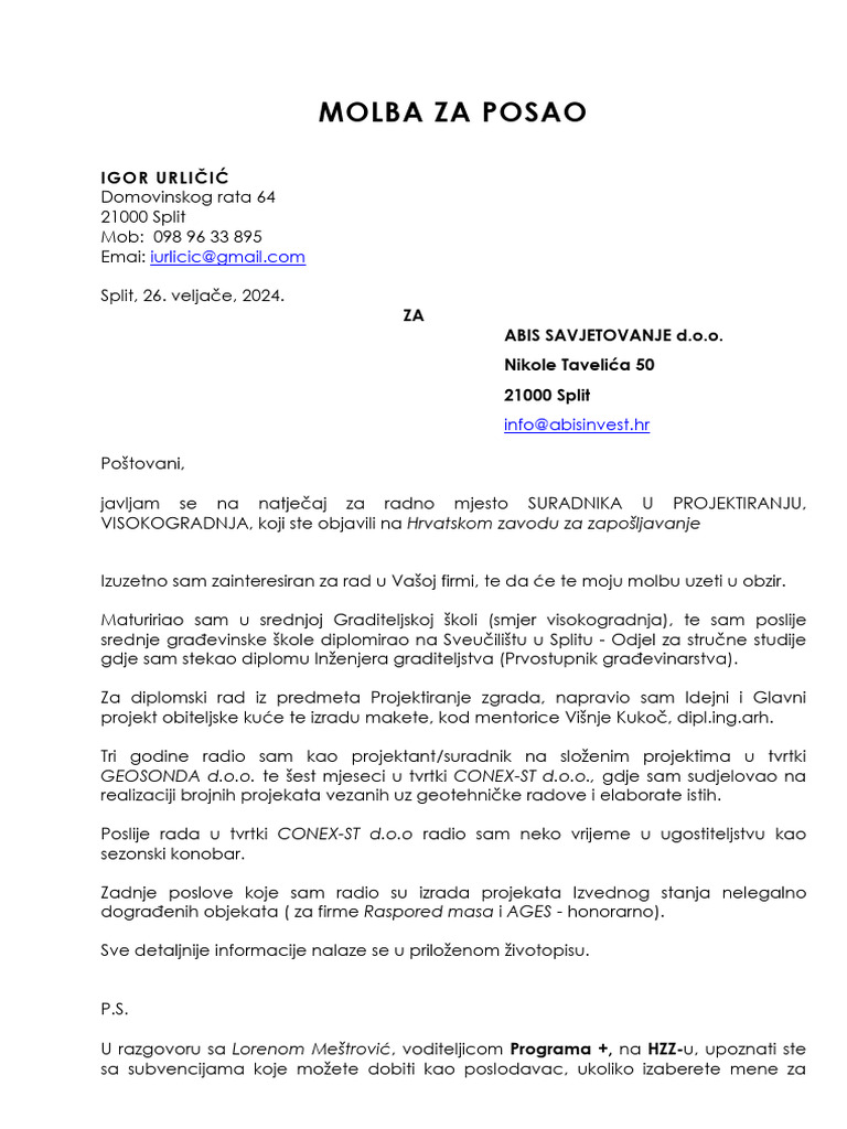 Molba Abis Savjetovanje | PDF
