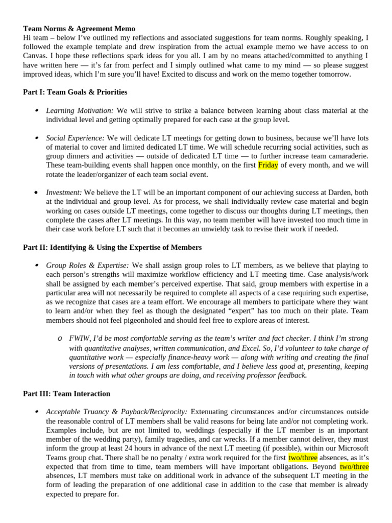 Team Norms Memo Reflections | PDF