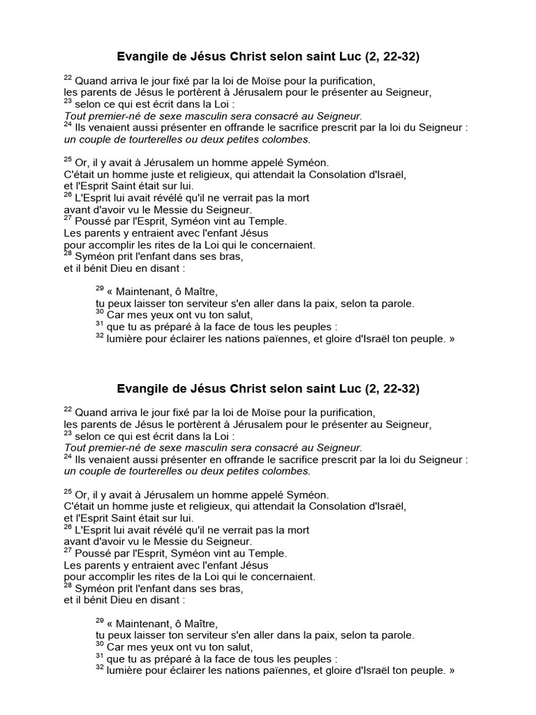 Evangile de Jésus Christ Selon Saint Luc (2, 22-32) | PDF